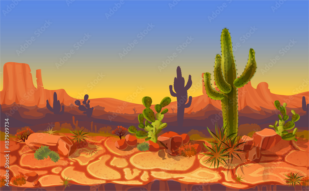 Vector seamless desert landscape. Horizontal cartoon game banner ...