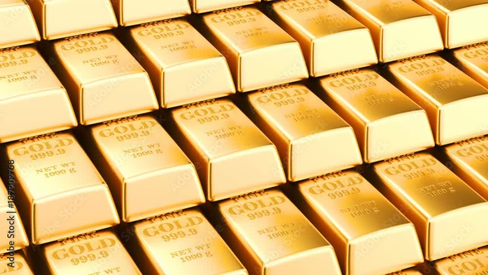 Moving stacks of gold bars, animated background with golden ingots. 3D ...
