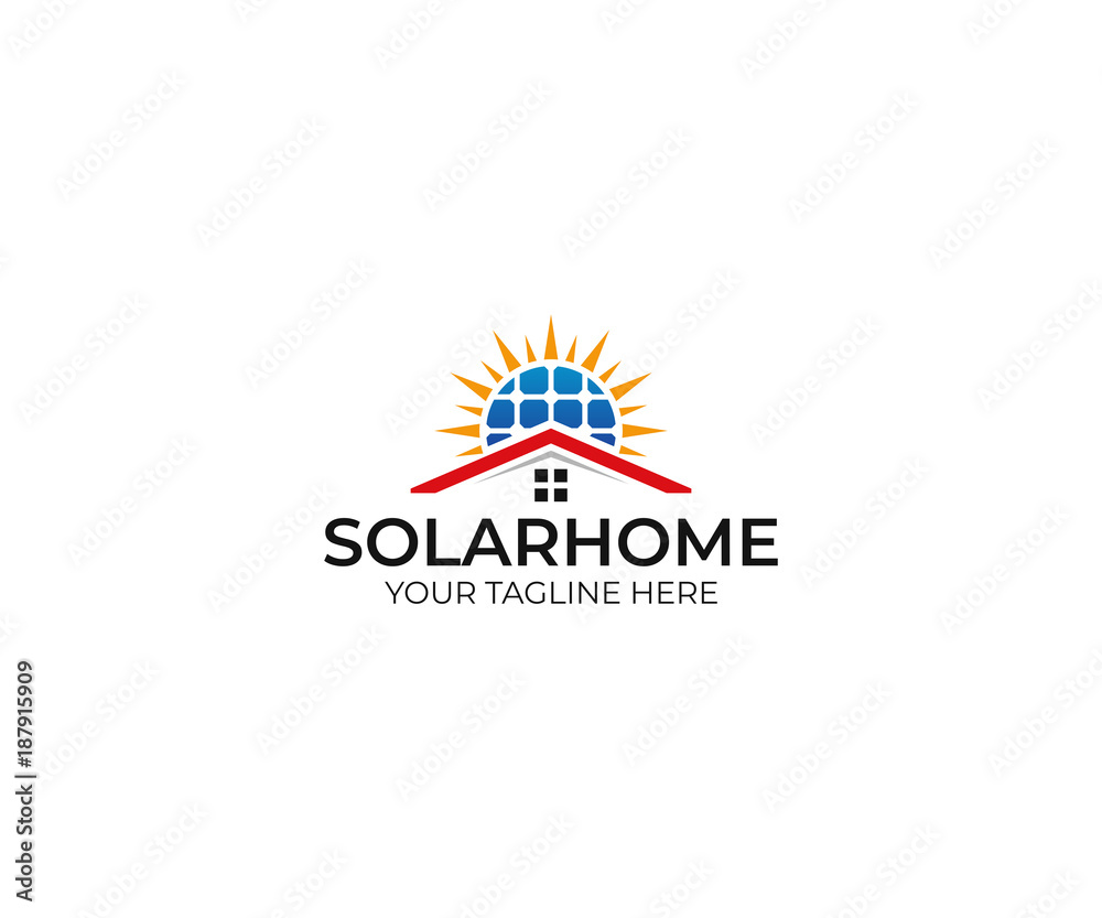 Solar home logo template. Solar panel and sun vector design. Renewable ...