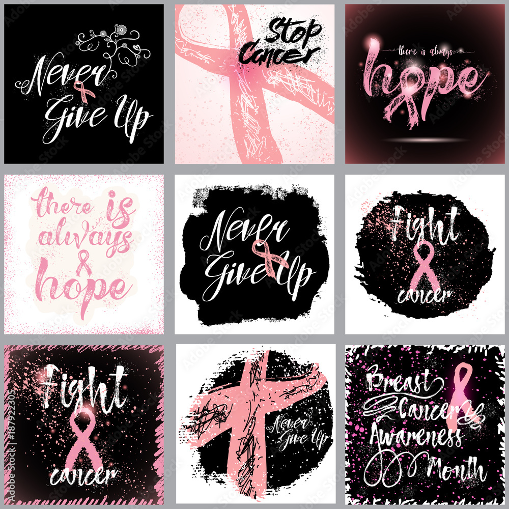 Set of cancer awareness card design with different symbols in pink. Set ...