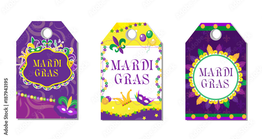 Mardi Gras carnival tags set. Labels collection with feather mask ...