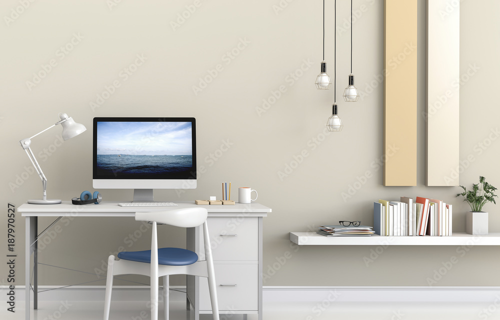 3D rendering of interior modern living room bright workspace with desk ...