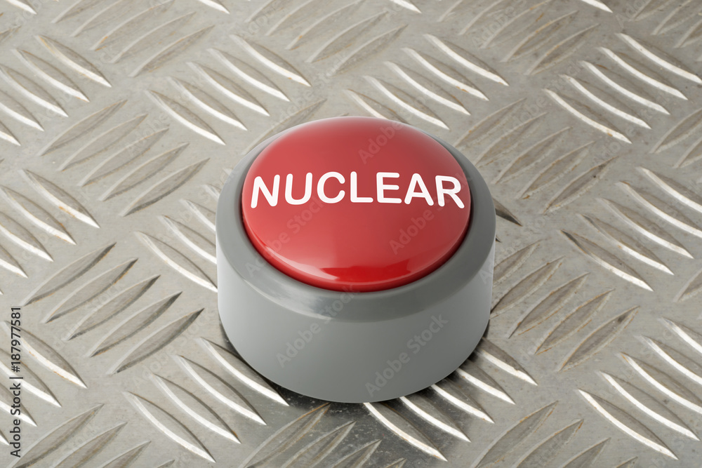 Red Push Button Labeled 'Nuclear' on Aluminum Diamond Plate Background ...