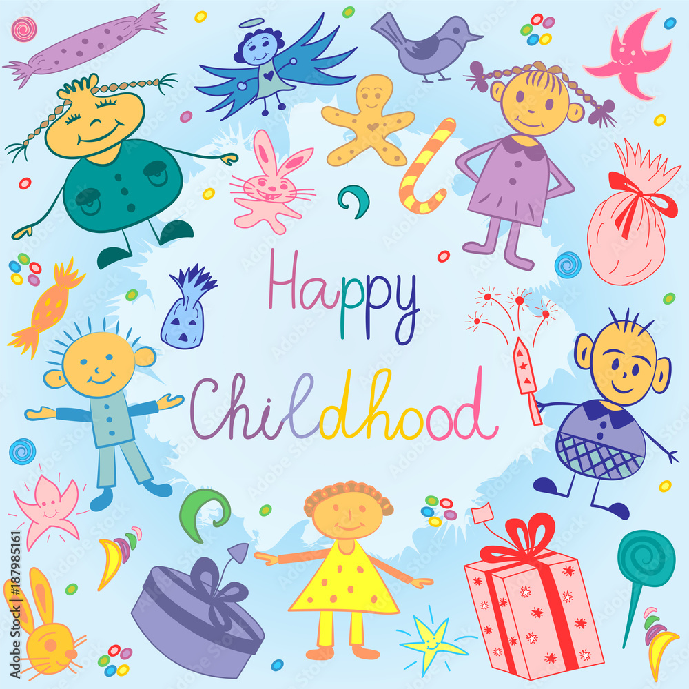 Happy Childhood. Kids with Gifts and Candies. Colorful Funny Children's ...