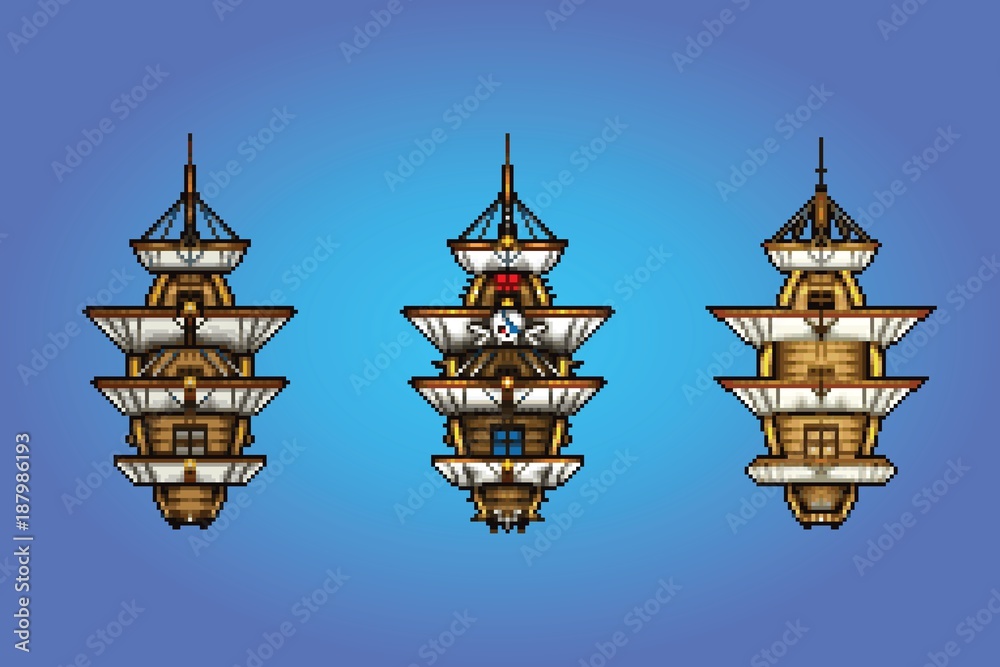 Pixel Art Pirate Ship Collection Vector Isolated Stock Vector | Adobe Stock