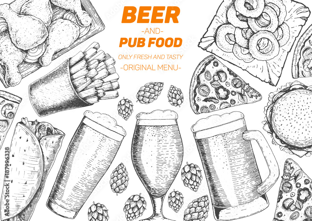 Pub food frame vector illustration. Beer, meat, french fries, fast food ...