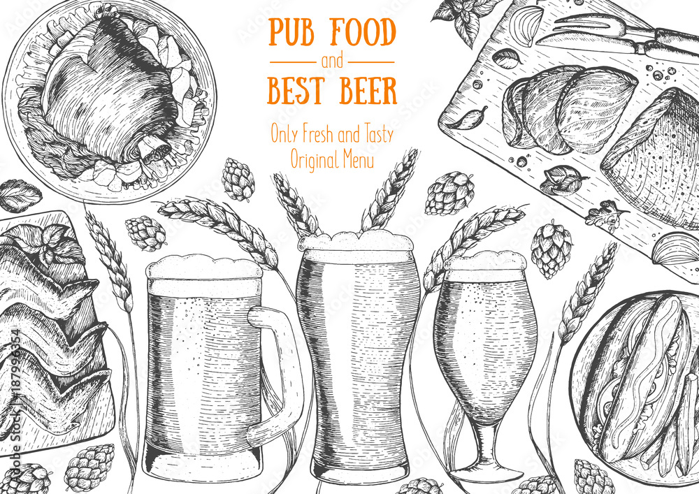 Pub food frame vector illustration. Beer, chicken wings, roast beef ...