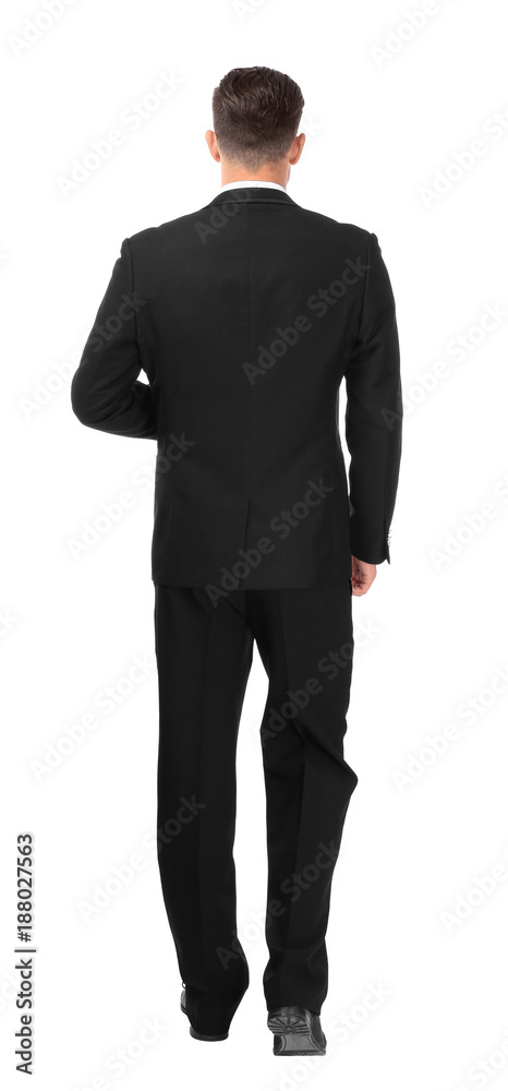 Handsome man in elegant suit on white background, back view Stock Photo ...