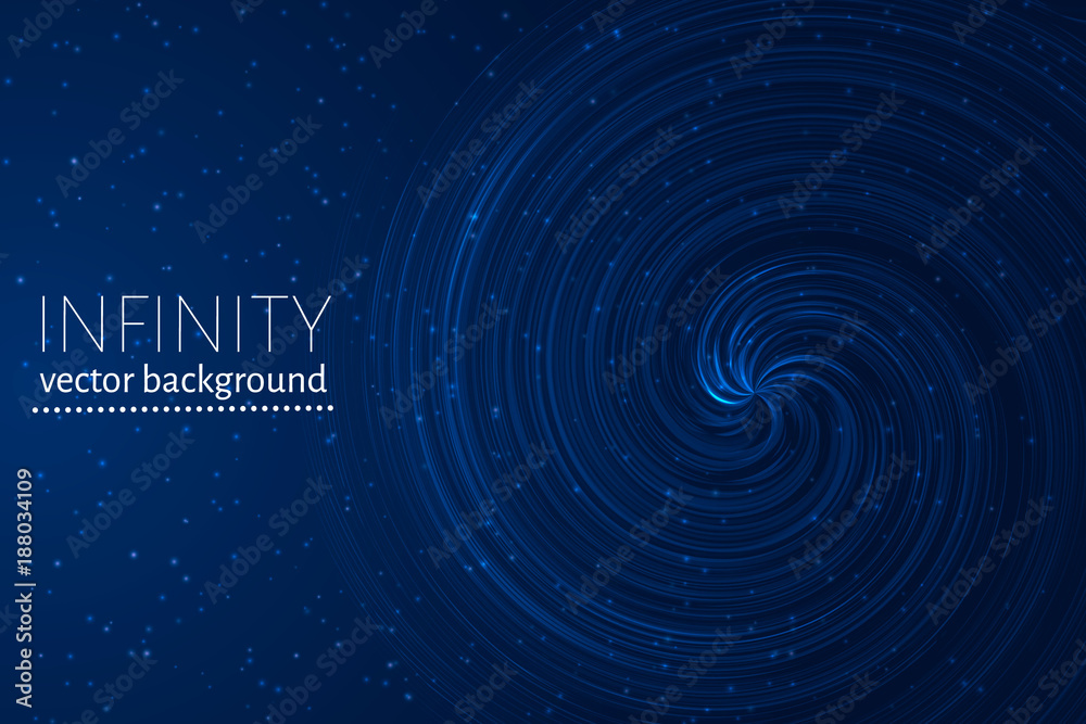 Dark blue wavy space background. Glowing spiral cosmic banner. Infinity ...