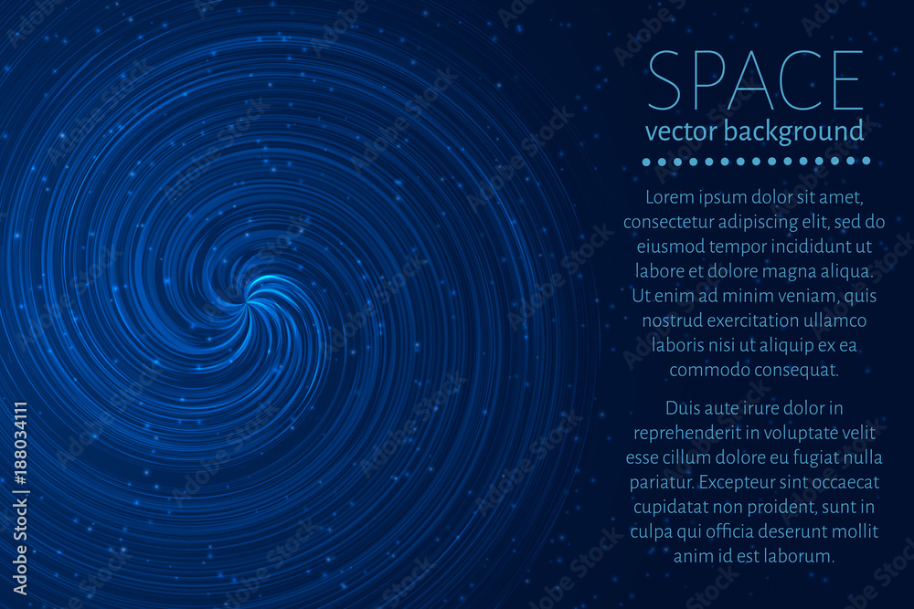 Dark blue wavy space background. Glowing spiral cosmic banner with ...