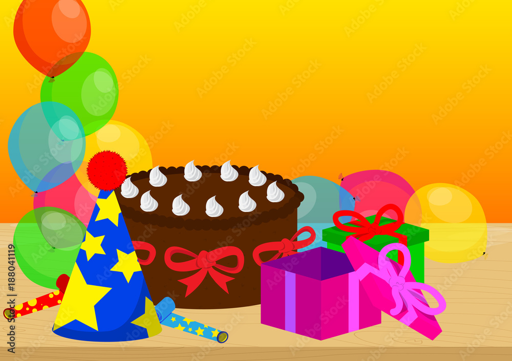 Cake, gift boxes on a table, balloons on the background. Vector cartoon ...