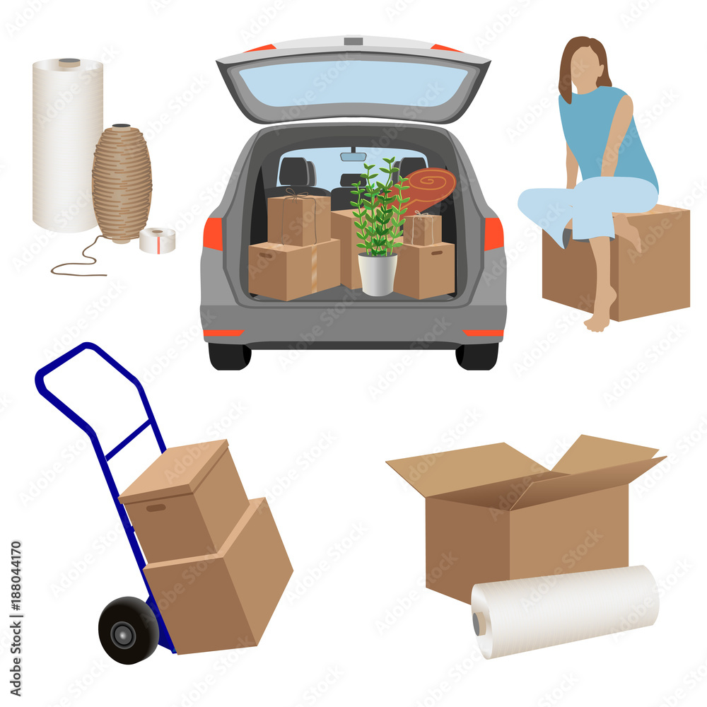 Moving day set: cardboard boxes, packing twine, stretch wrap, luggage ...