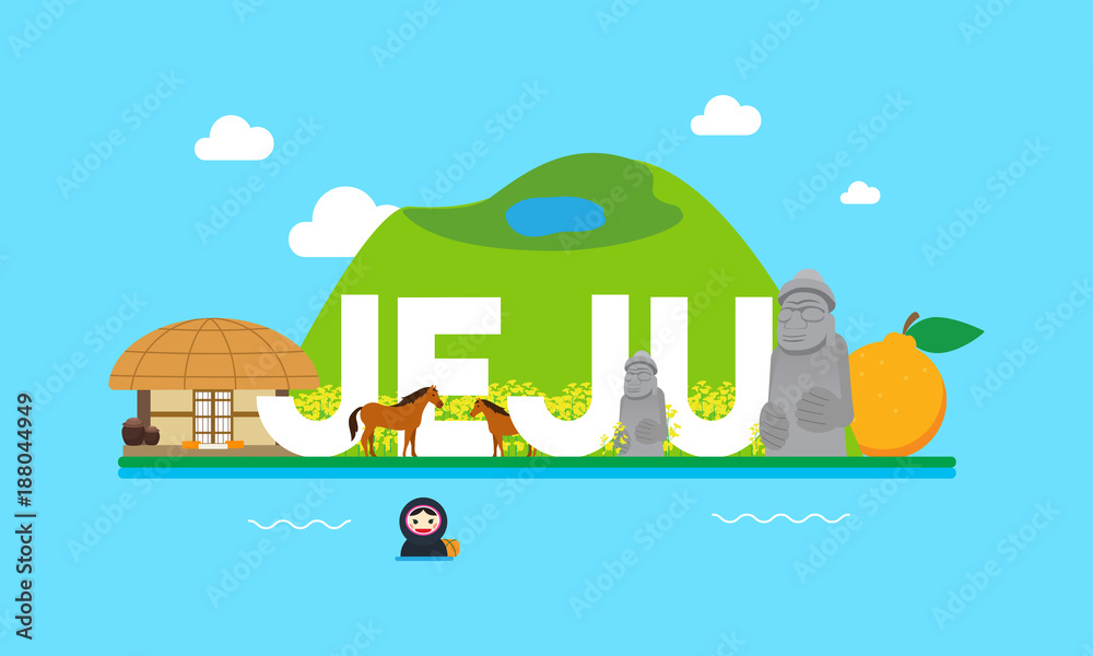 Jeju travel banner Vector illustration. Attractions in flat design on ...