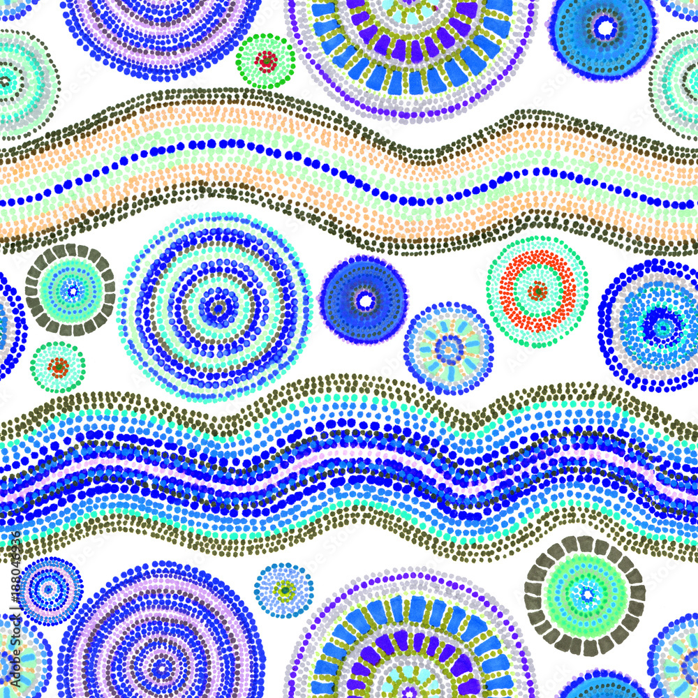 Ornament - blue dots, circles and waves. Contemporary art in australian ...
