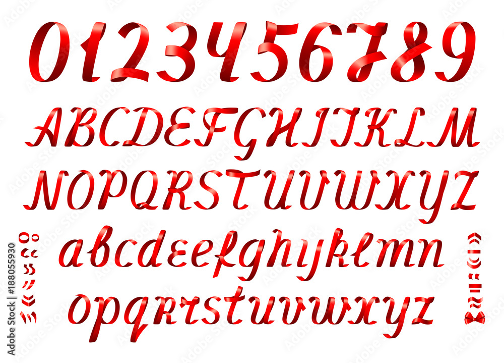 Red ribbon alphabet letters and numbers on white background.Set of ...