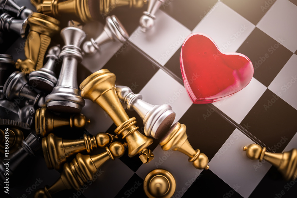 love seduction games strategy concept with red heart with chess board ...