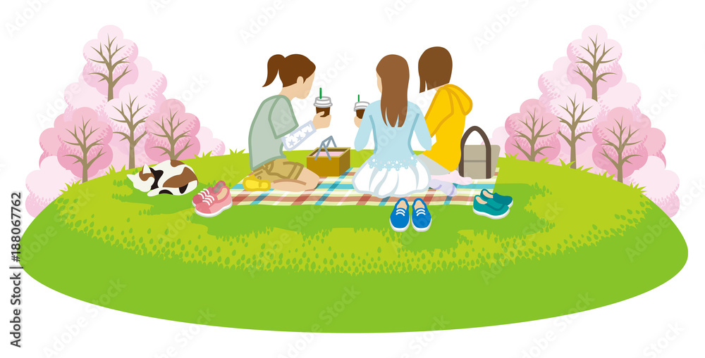 Three girls picnic in spring nature -Clip art Stock Vector | Adobe Stock