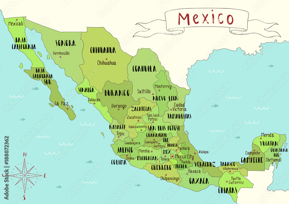 Illustrated map of Mexico Stock Vector | Adobe Stock