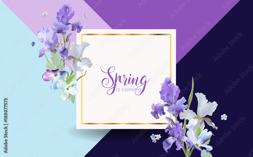 Floral Bloom Spring Banner with Purple Iris Flowers. Invitation, Poster ...
