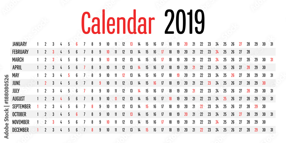 2019 Calendar Planner Design Template Vector Illustration Simple Clear ...