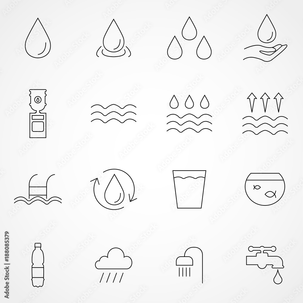 Set of water in modern thin line style. High quality black outline drop ...