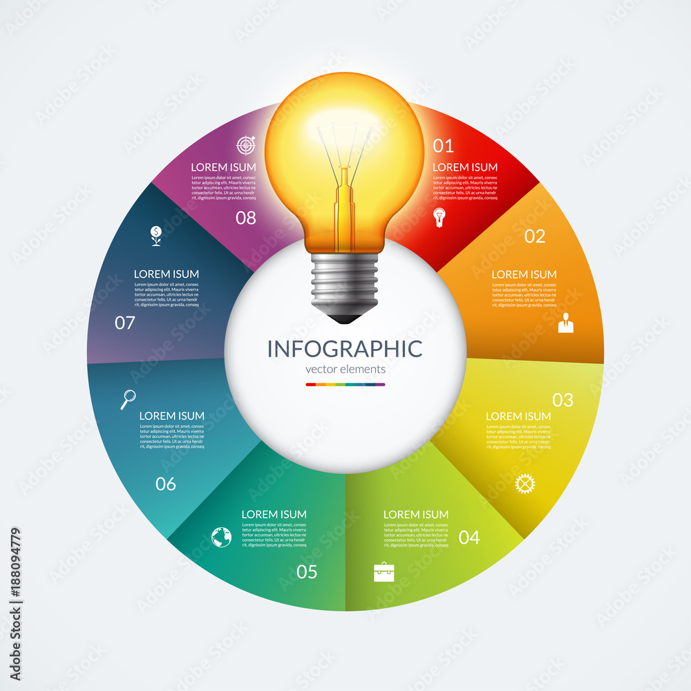 Infographic circle with glowing lightbulb. Creative idea concept with 8 ...