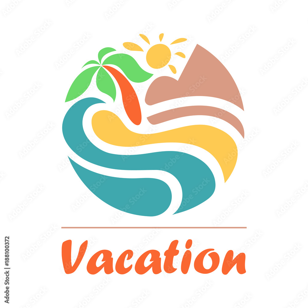 Summer travel vacation logo concept in circle shape. Sea resort, waves ...