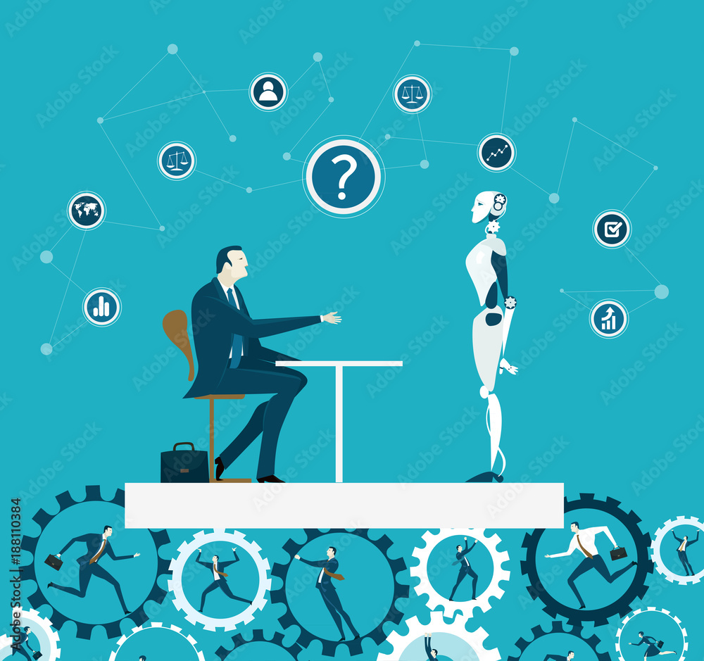 RPA Robotic progress automatisation concept illustration. Human vs ...