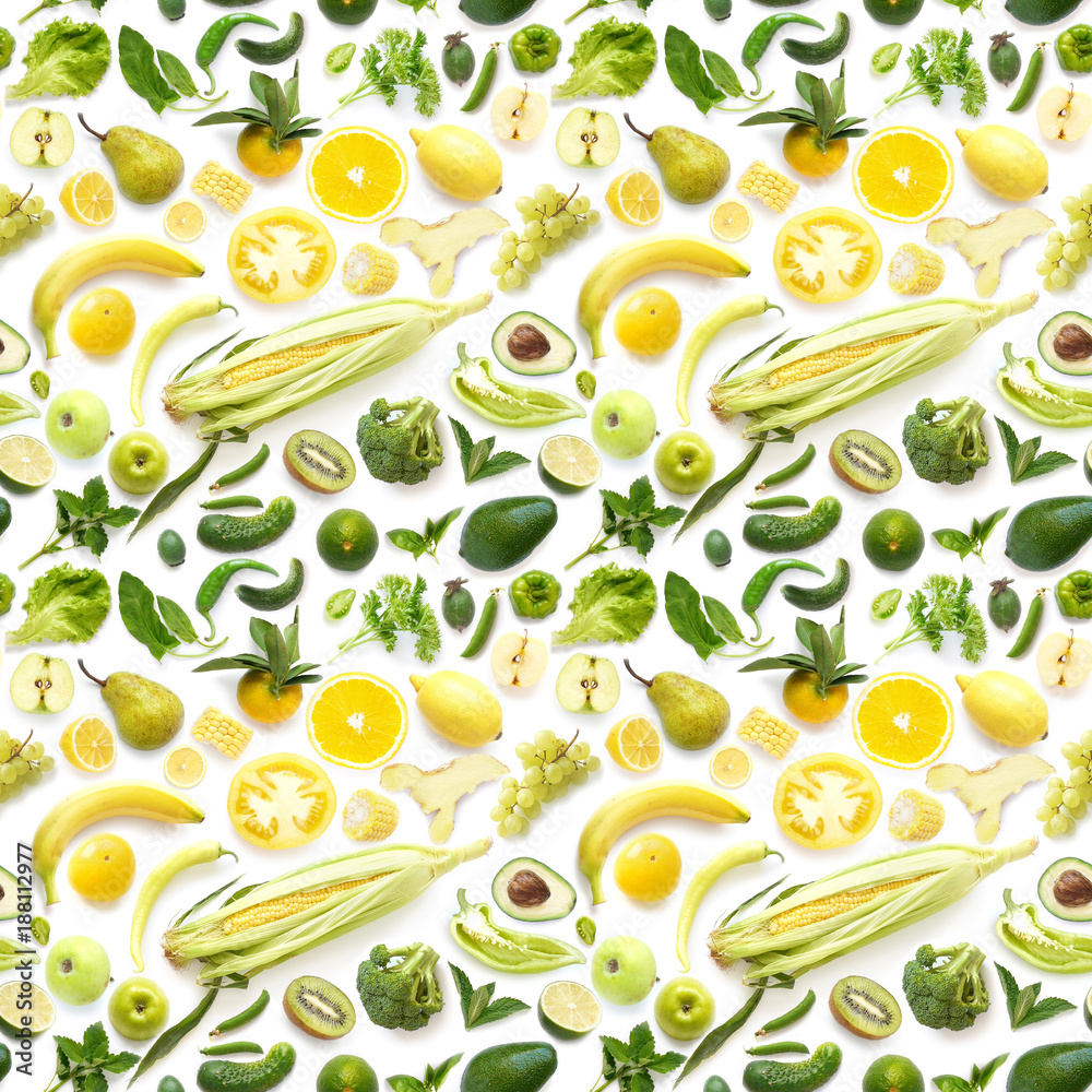 Food texture. Seamless pattern of various fresh yellow and green ...