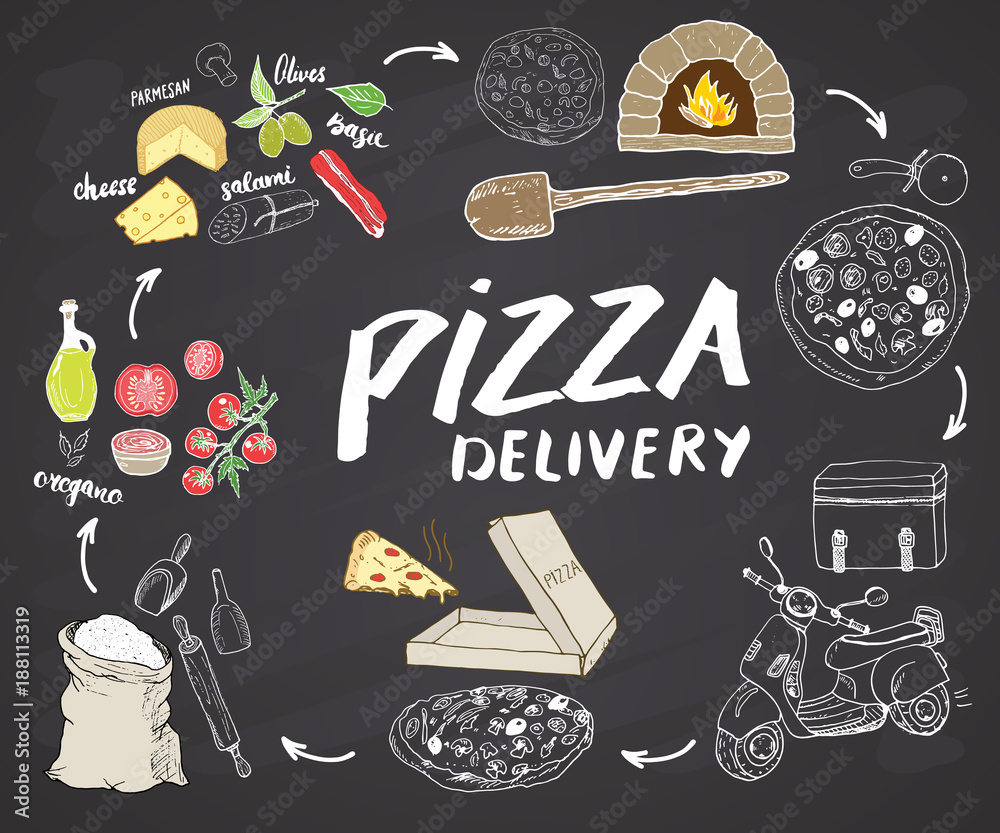 Pizza hand drawn sketch set. Pizza preparation and delivery process ...