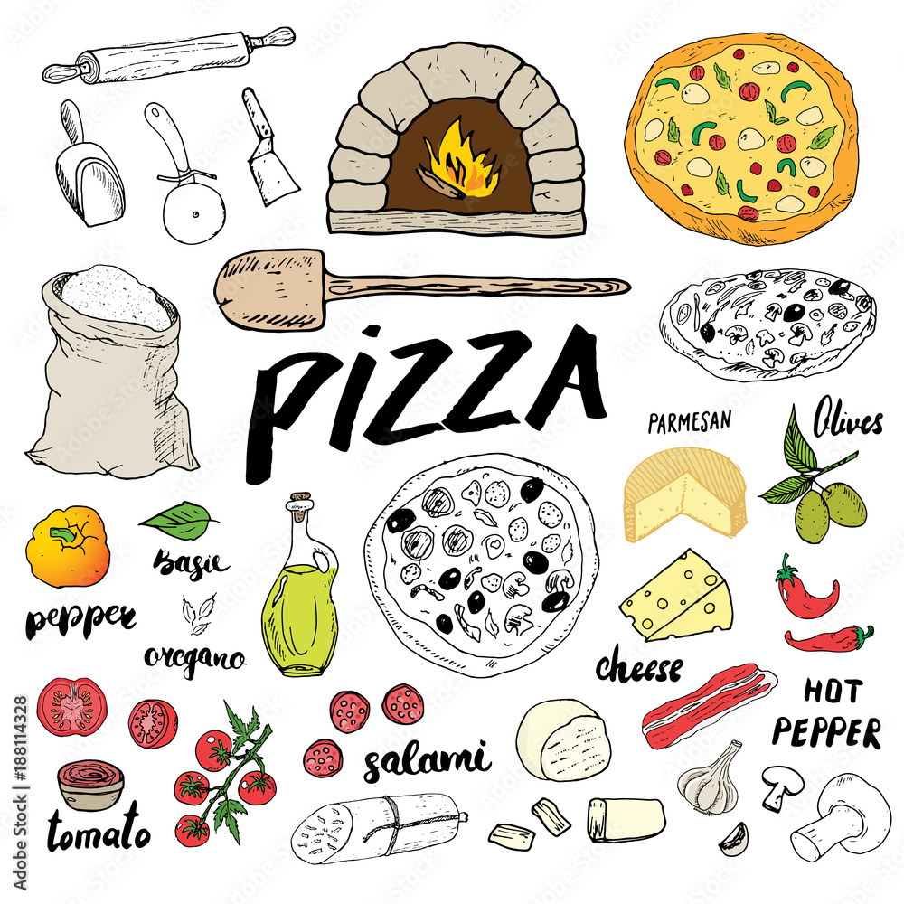 Pizza menu hand drawn sketch set. Pizza preparation design template ...
