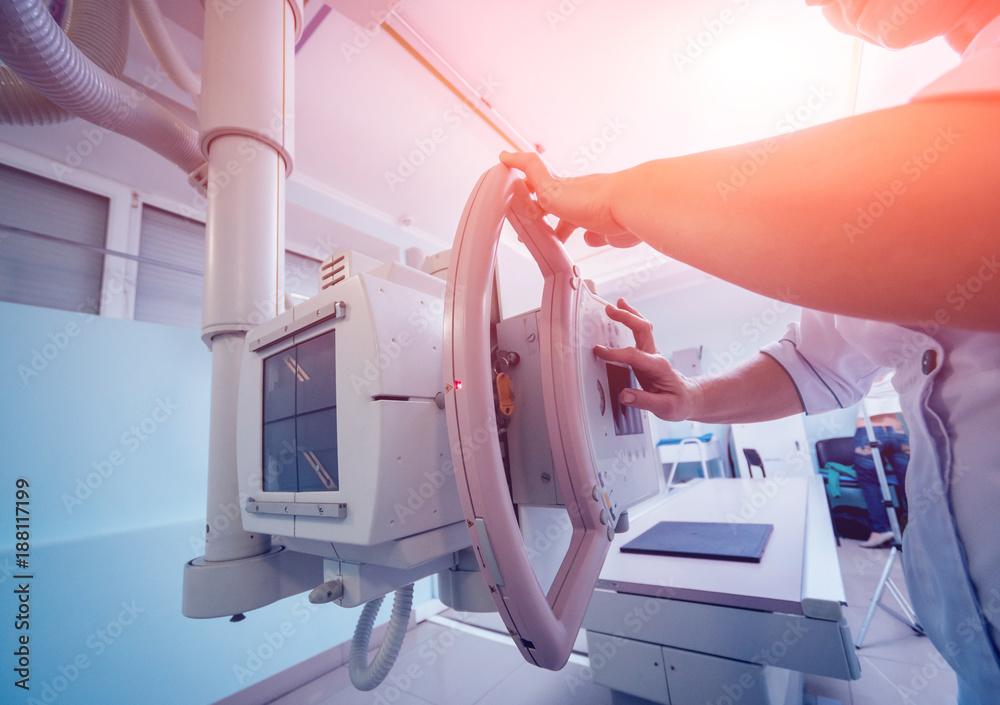 X-ray room in a hospital. Classic ceiling-mounted x-ray system. Stock ...
