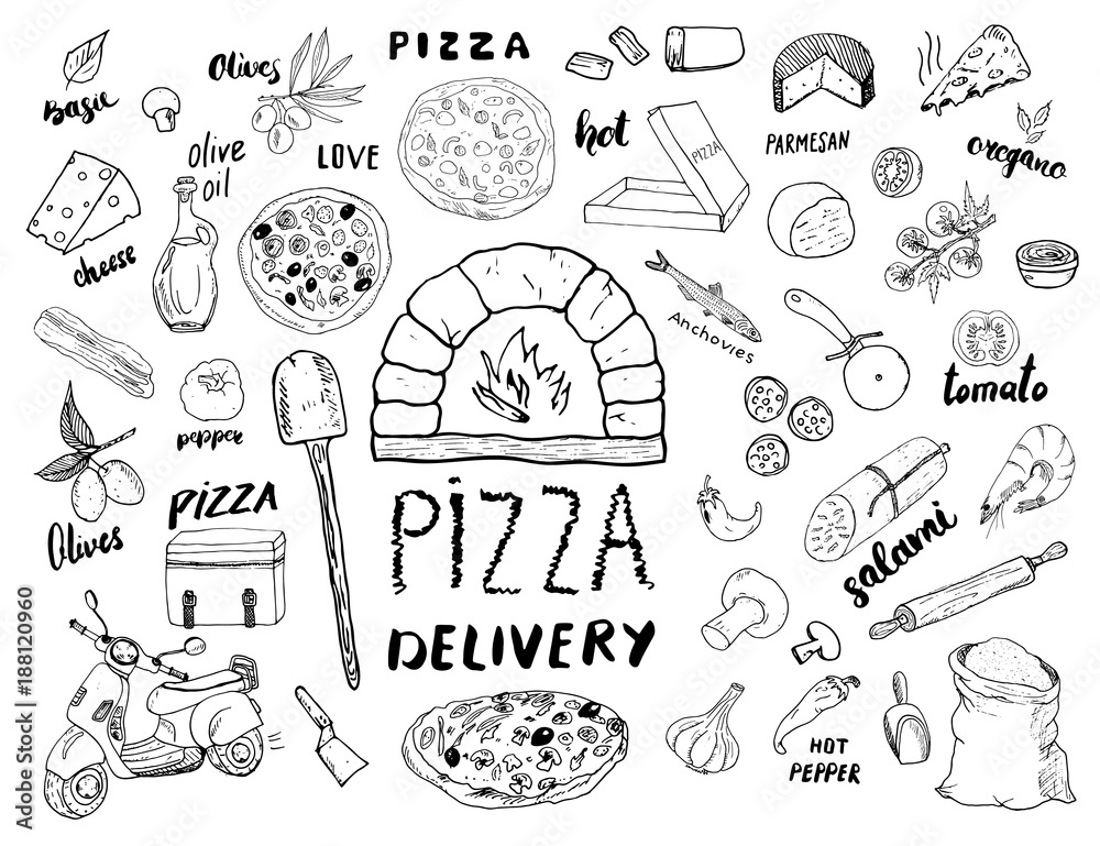 Pizza menu hand drawn sketch set. Pizza preparation and delivery ...