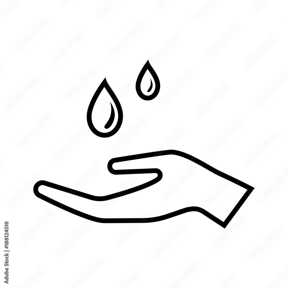 Line icon with drops of liquid falling on hand. Symbol of water ...