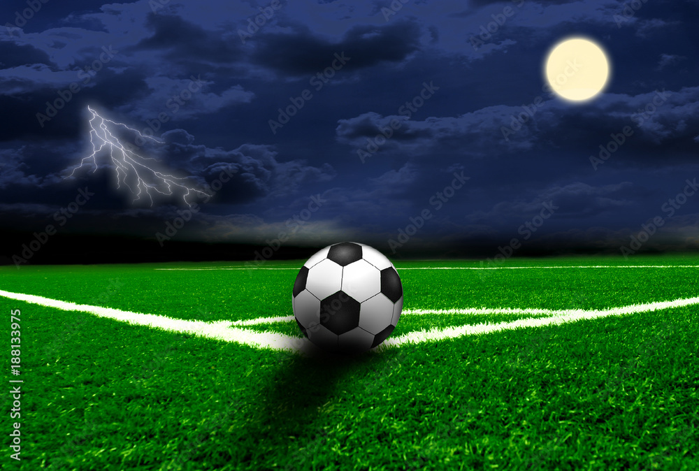 Soccer field under the night sky with the moon and lightning Stock ...