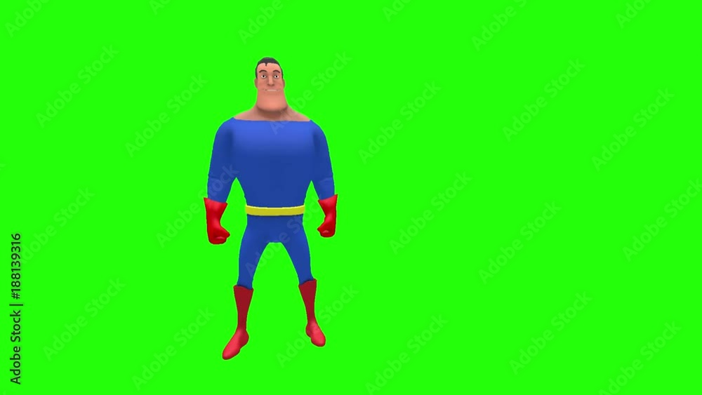 Happy animated superhero strongman cartoon character rolls left and ...