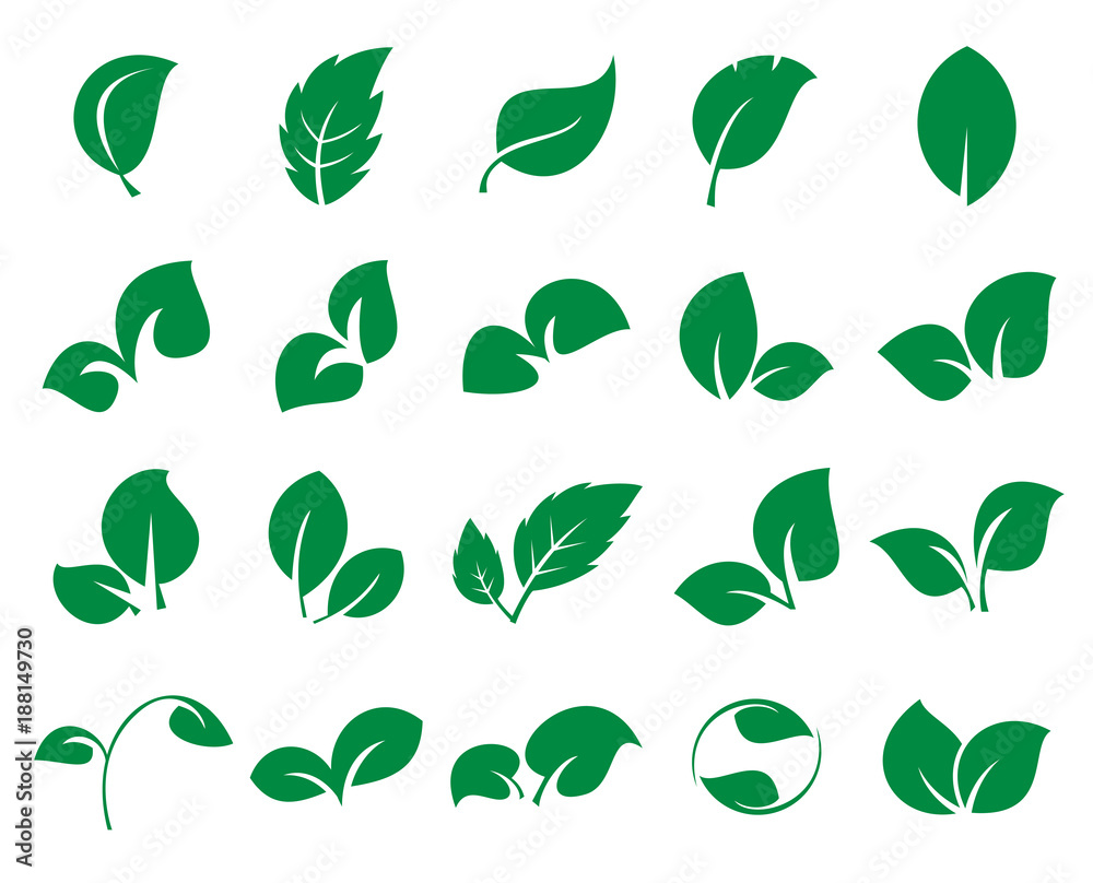 Leaf icons. Collection of 20 green symbols of leaves isolated on a ...