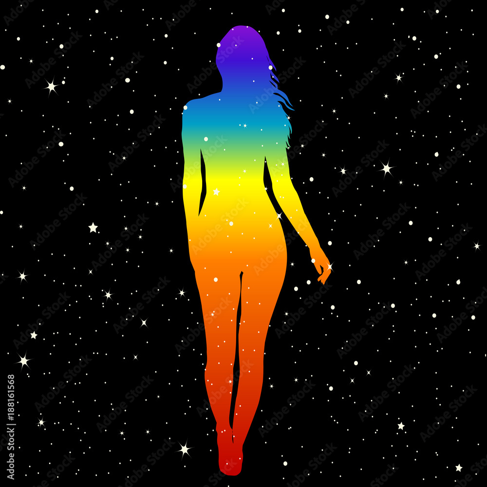Silhouette of woman in rainbow colors showing position of human chakras ...
