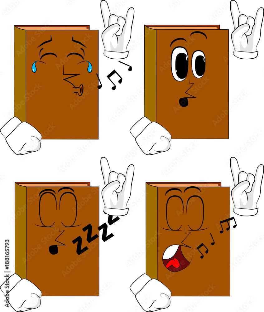 Books with hands in rocker pose. Cartoon book collection with various ...