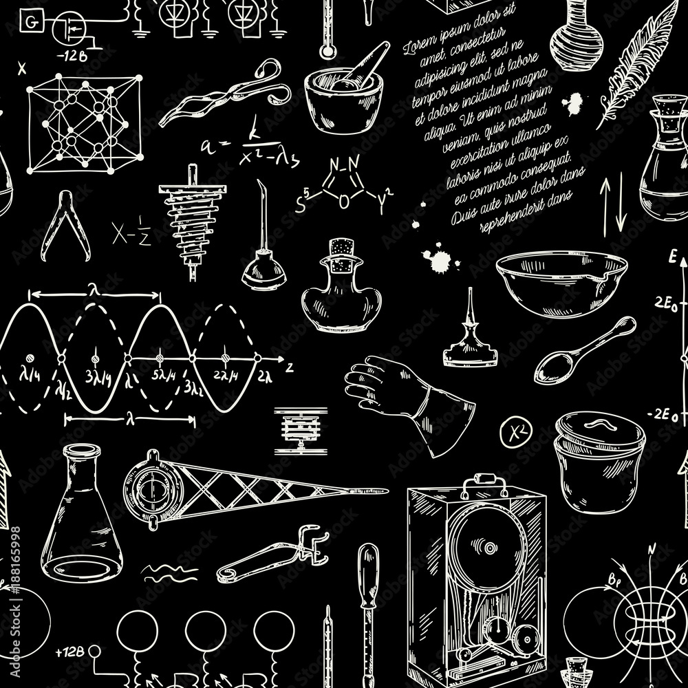 Seamless pattern with vintage science objects. Scientific equipment for ...