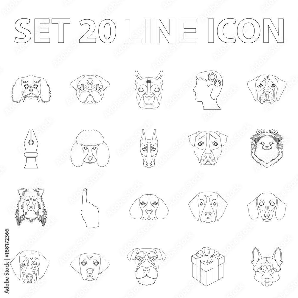 Dog breeds outline icons in set collection for design.Muzzle of a dog ...
