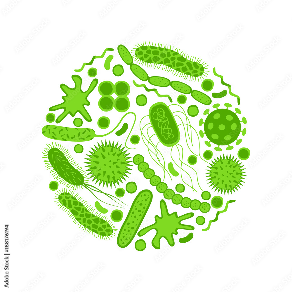 Green germs and bacteria icons set isolated on white background. Stock ...