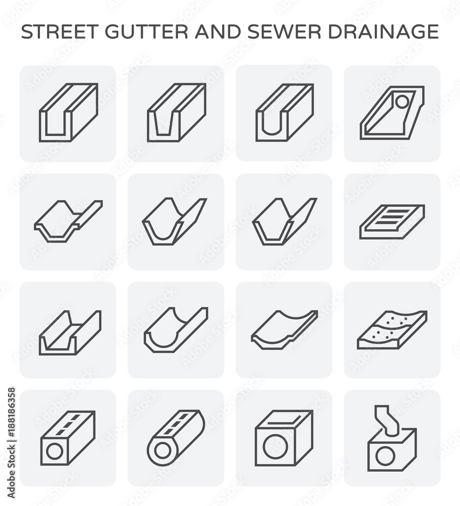 Street gutter, drainage system icon consist of grate cover, precast ...