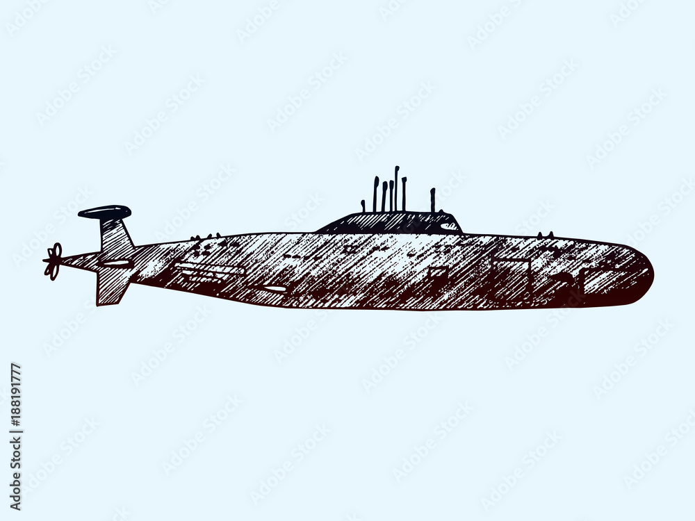Vetor de Submarine, hand drawn doodle sketch, isolated vector outline ...