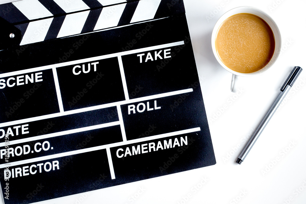 Screenwriter desktop with movie clapper board white background t Stock ...