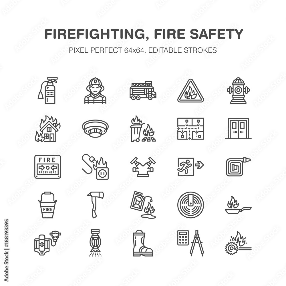 Firefighting, fire safety equipment flat line icons. Firefighter car ...