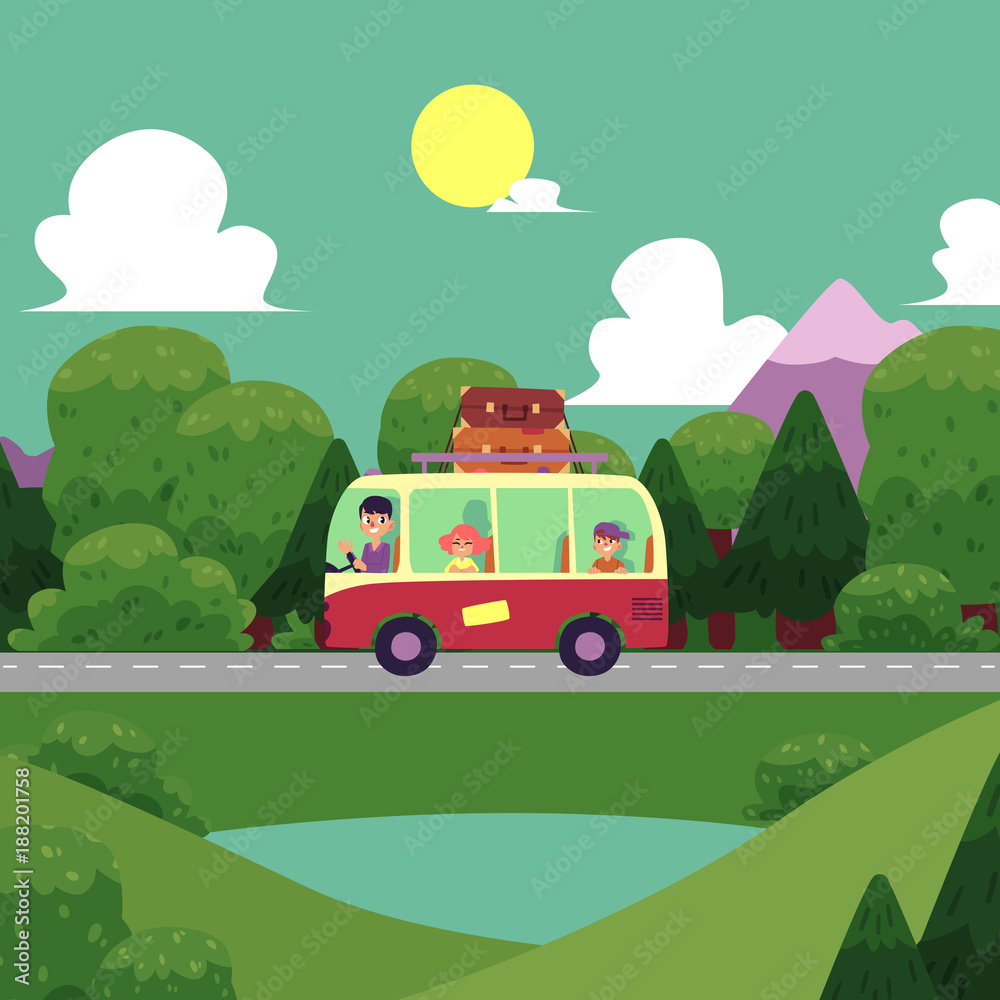 vector flat cartoon camping scene, travelling road trip. funny hippie ...