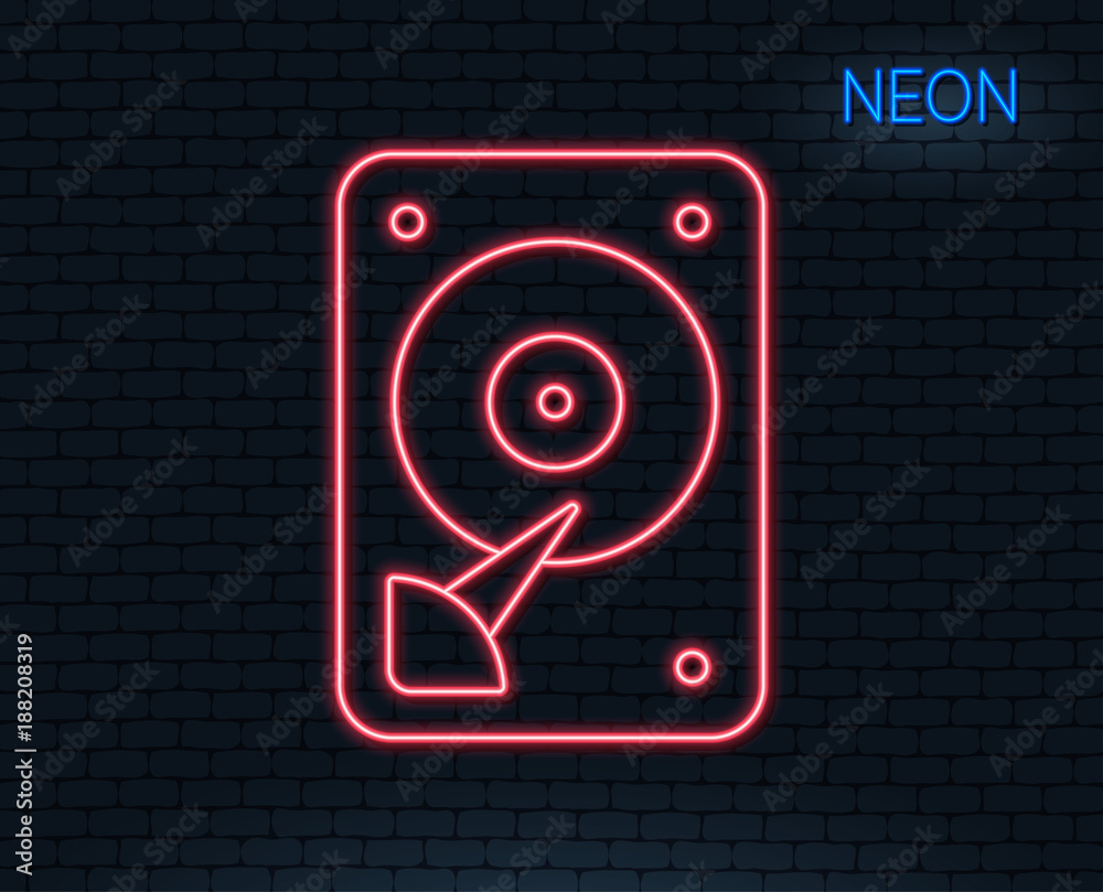Neon light. HDD icon. Hard disk storage sign. Hard drive memory symbol ...