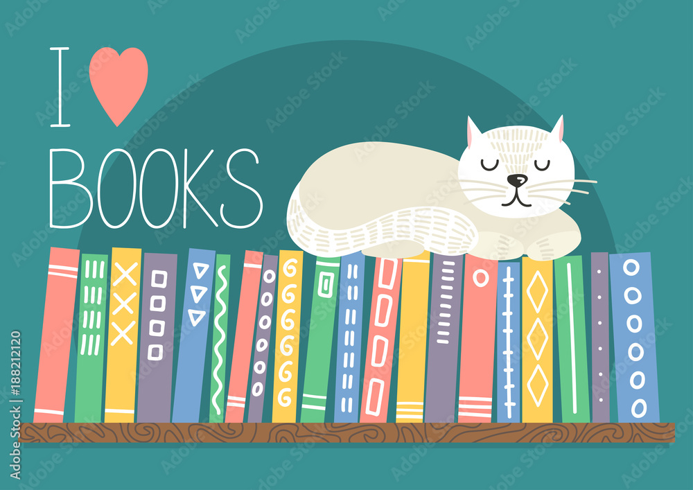 I love books. Books on shelf with white cat. Books with ornament on ...