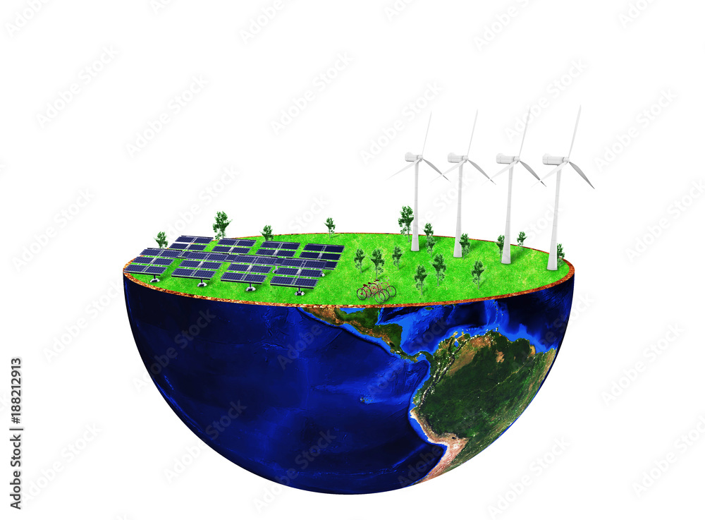 Eco concept. 3d render. Solar energy town, wind energy. Save the planet ...